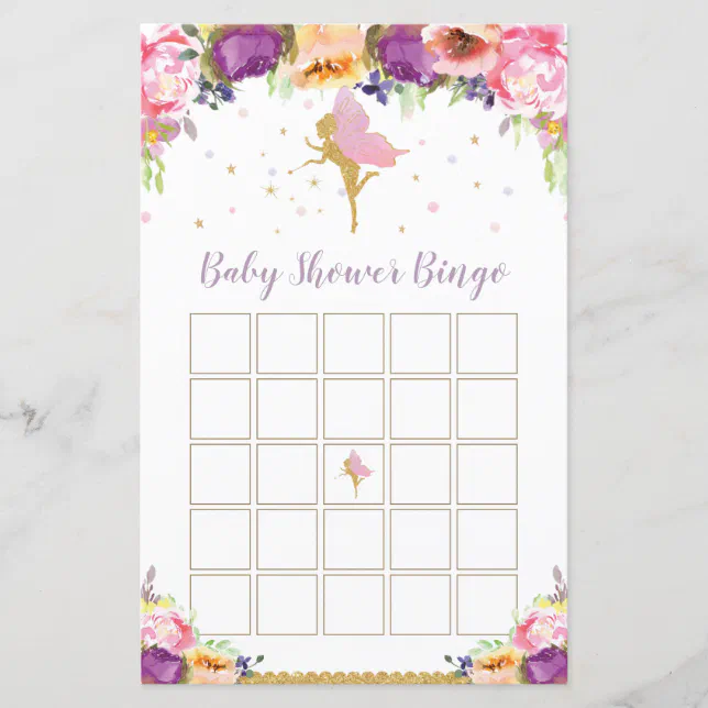 Purple Floral Fairy Baby Shower Bingo Game | Zazzle