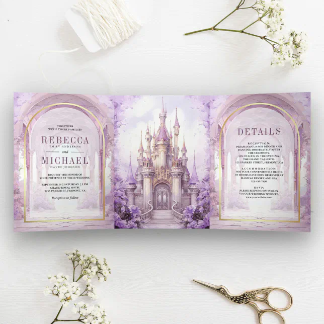 Purple Floral Fairytale Castle All in One Wedding Tri-Fold Invitation ...