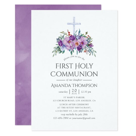 Purple Floral First Holy Communion Invitation | Zazzle.com