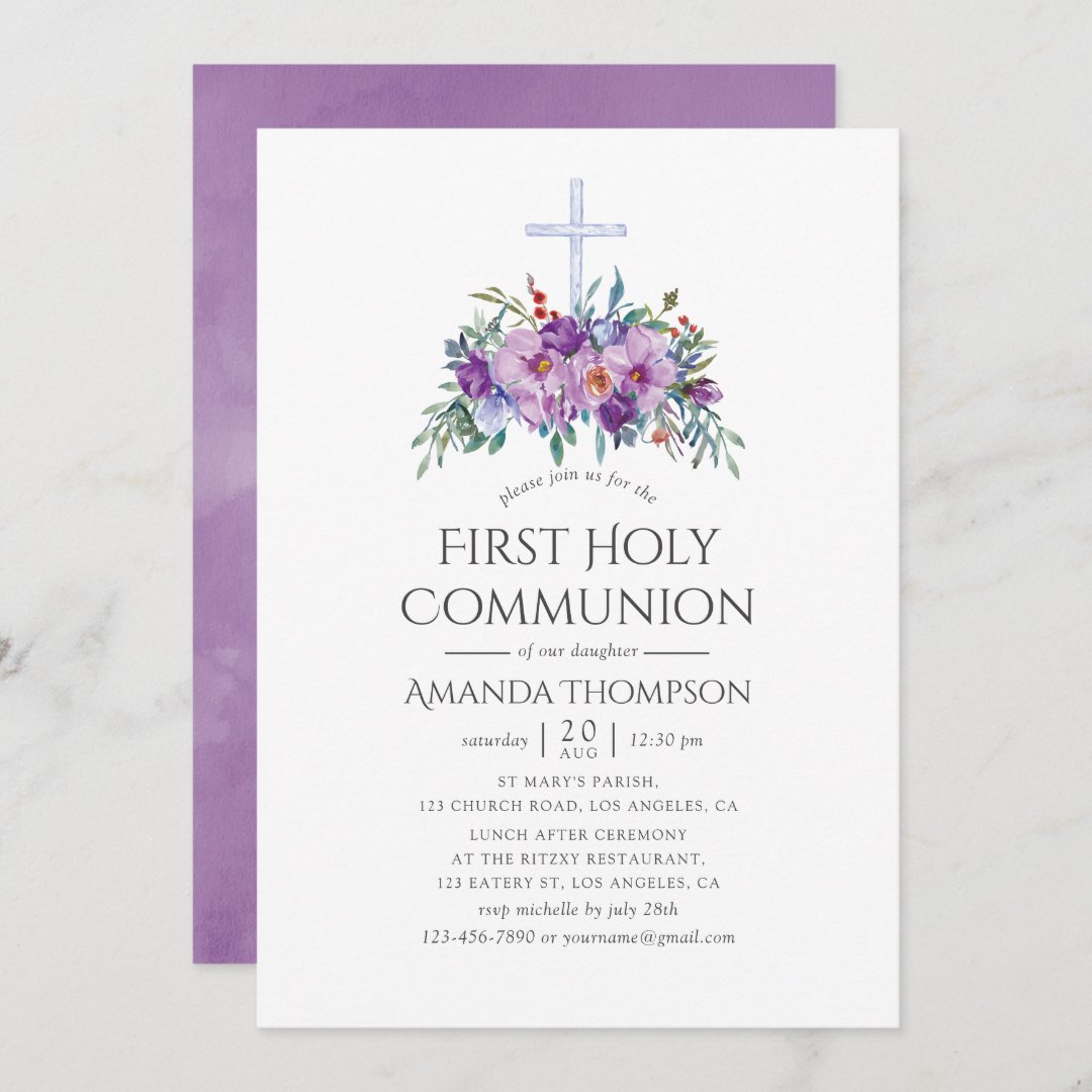Purple Floral First Holy Communion Invitation | Zazzle