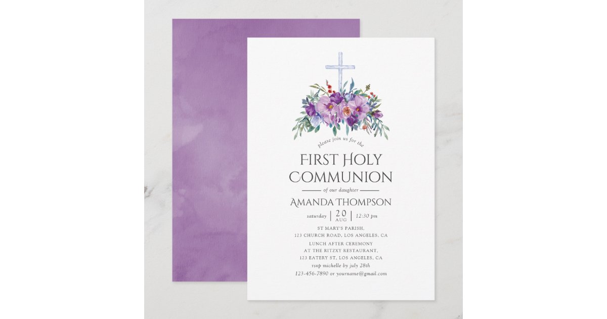 Purple Floral First Holy Communion Invitation | Zazzle