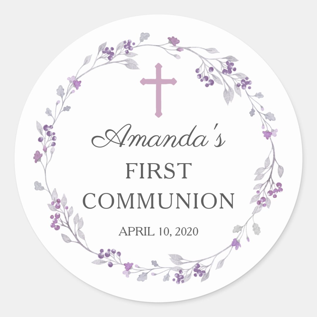 Purple Floral First Holy Communion Sticker | Zazzle