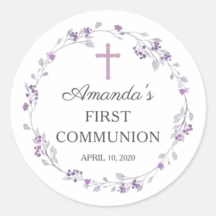 Purple Floral First Holy Communion Sticker | Zazzle