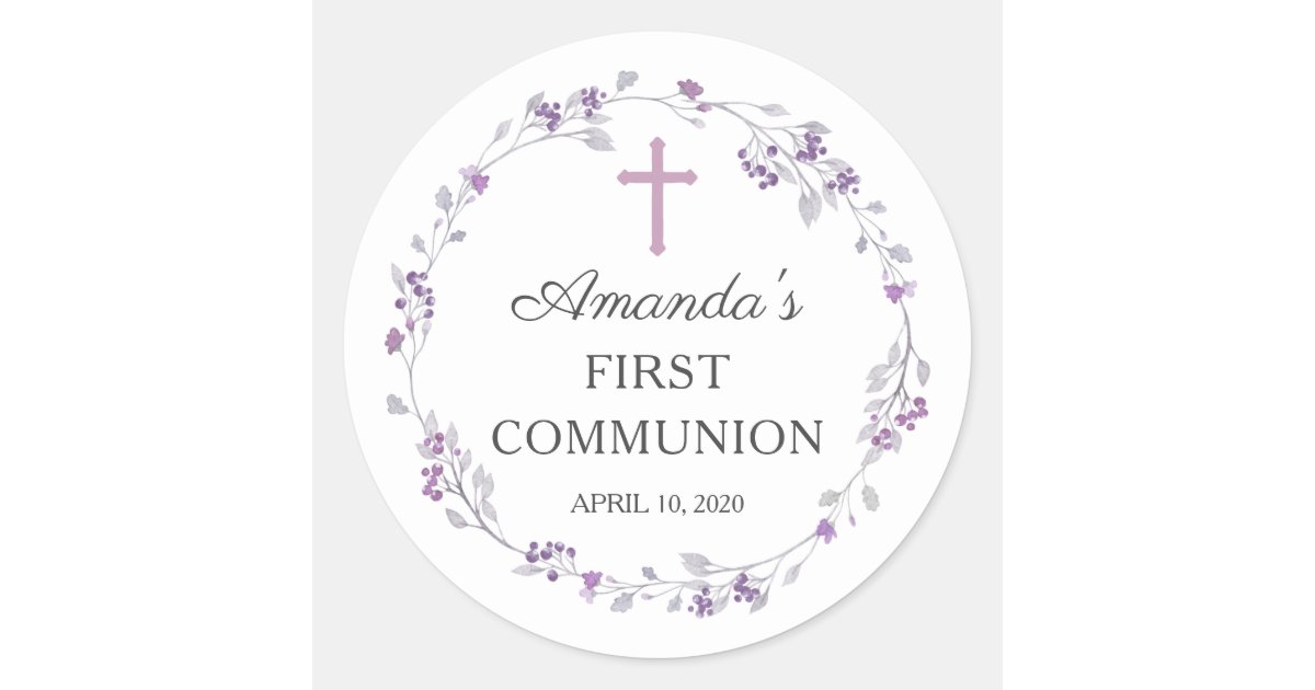 Purple Floral First Holy Communion Sticker | Zazzle