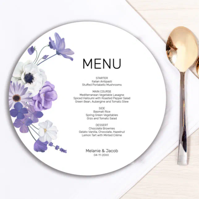 Purple Floral Flat Circle Menu Card | Zazzle