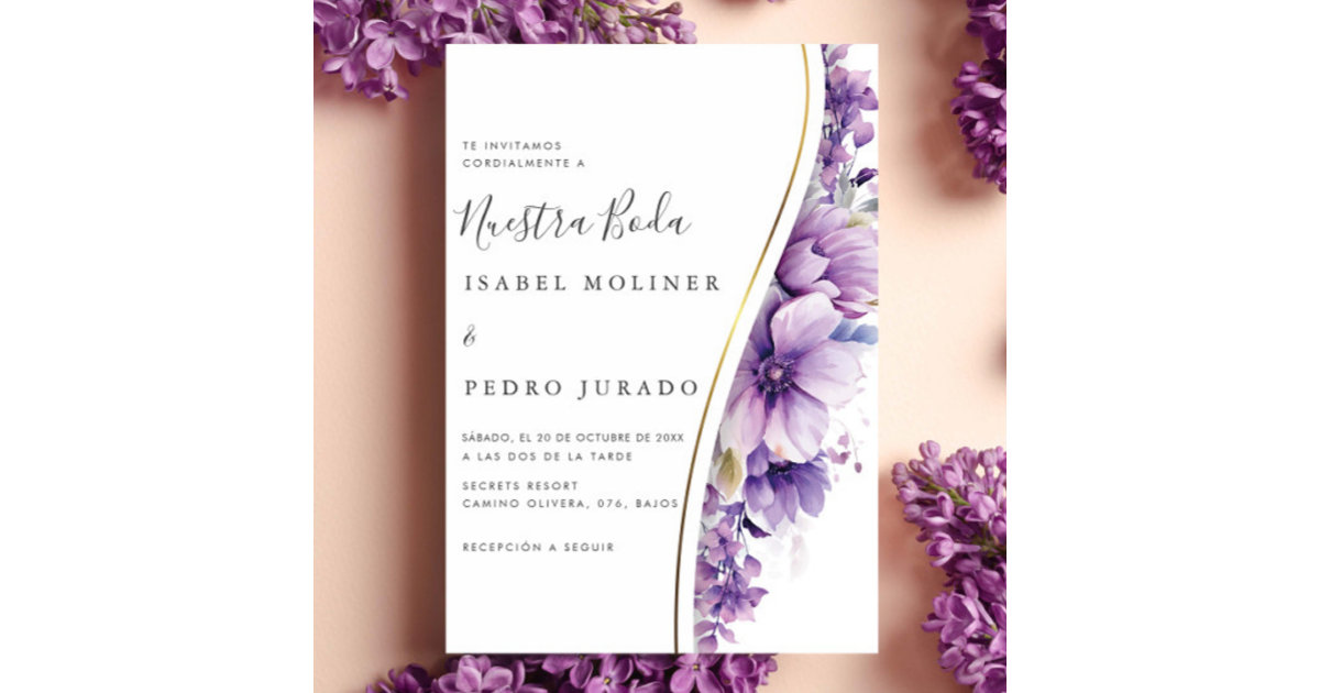 Purple Floral Foliage Nuestra Boda Spanish Wedding Invitation | Zazzle