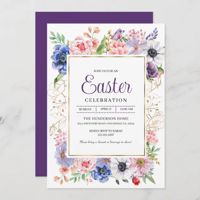 Purple Floral Garden Easter Celebration Invitation | Zazzle