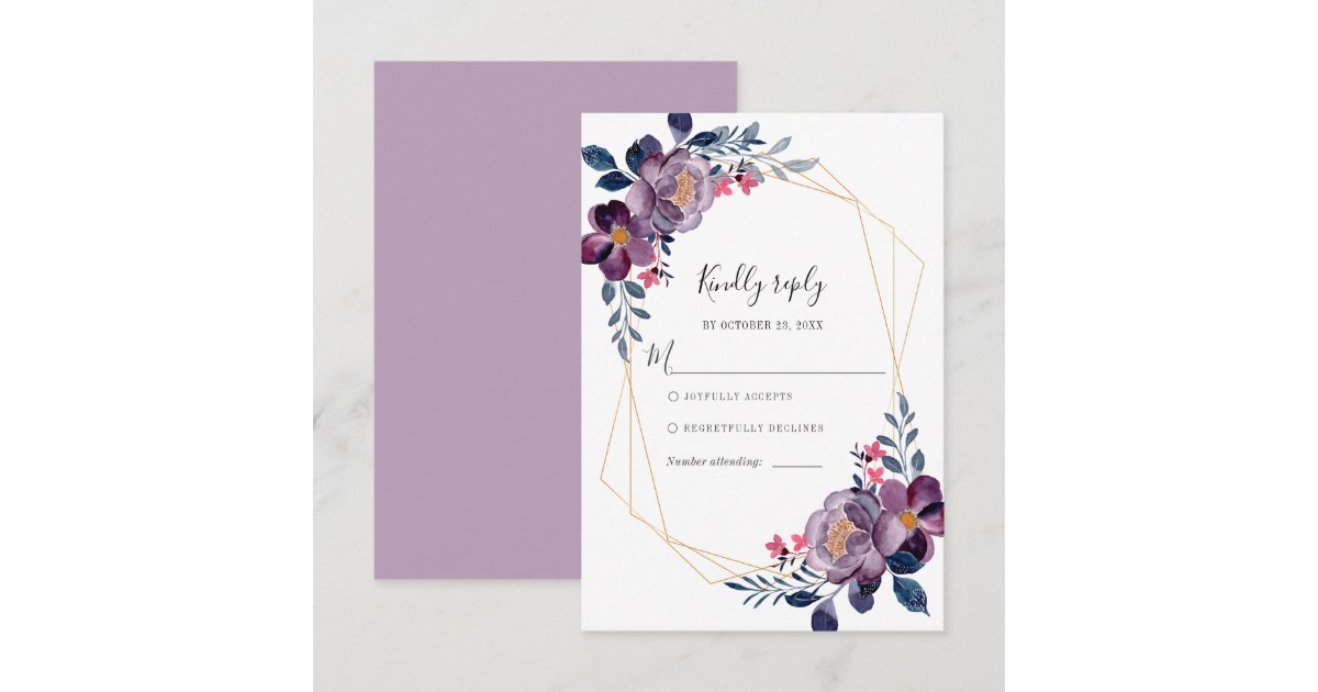 Purple Floral Geometric Botanical Wedding RSVP Card | Zazzle