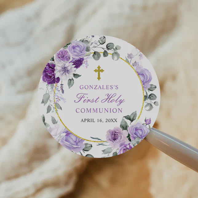 Purple Floral Girl First Holy Communion Classic Round Sticker | Zazzle