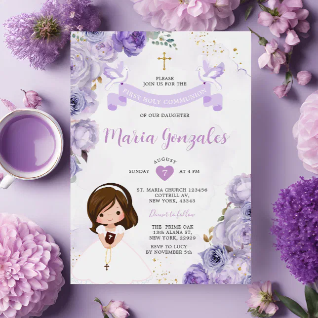 Purple Floral Girl First Holy Communion Gold Cross Invitation | Zazzle