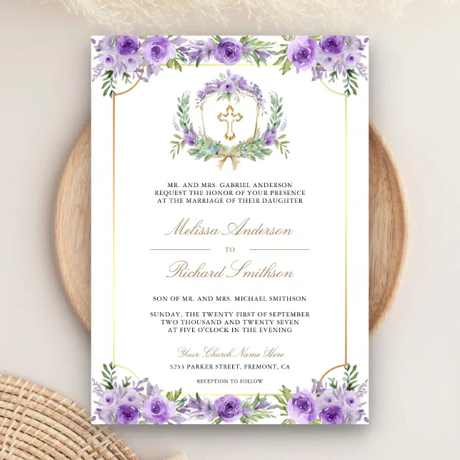 Purple Floral Gold Catholic Cross QR Code Wedding Invitation | Zazzle