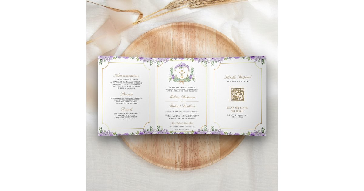 Purple Floral Gold Catholic Cross QR Code Wedding Tri-Fold Invitation ...