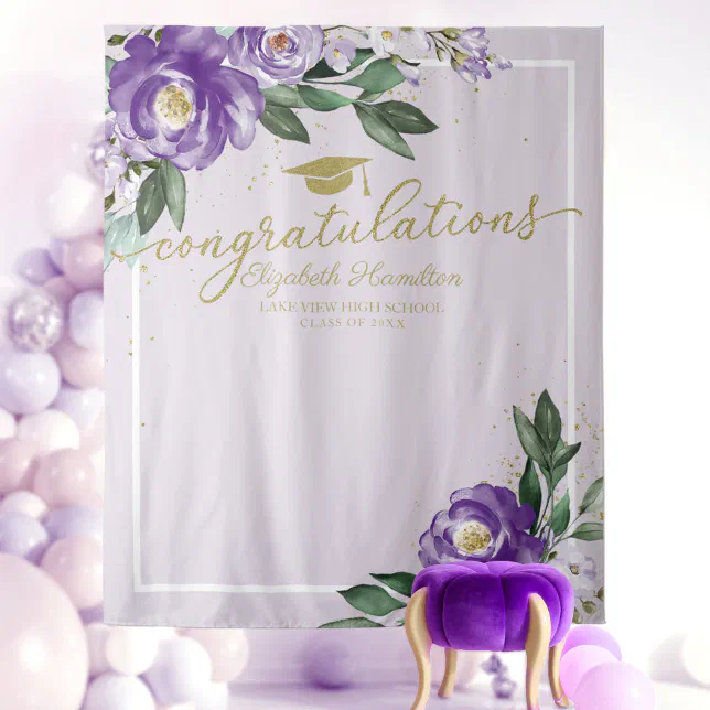 Purple Floral Graduation Party Photo Backdrop | Zazzle