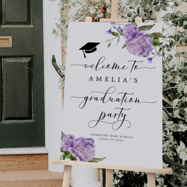 Purple Floral Graduation Party Welcome Sign | Zazzle