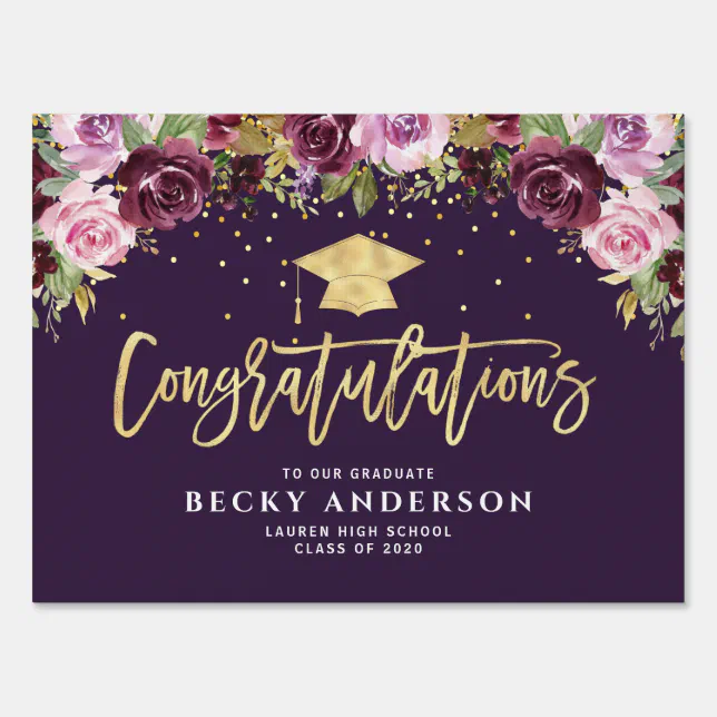 Purple floral graduation yard sign | Zazzle