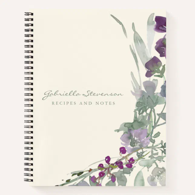 Purple Floral Greenery Watercolor Custom Recipe Notebook | Zazzle