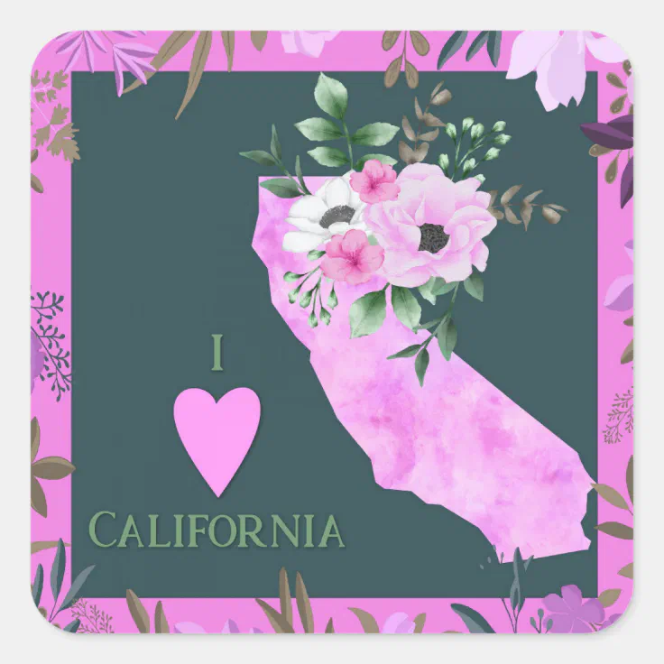 Purple Floral I Love California State Map Square Sticker | Zazzle