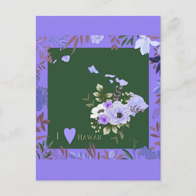 Purple Floral I Love Hawaii State Map Postcard | Zazzle