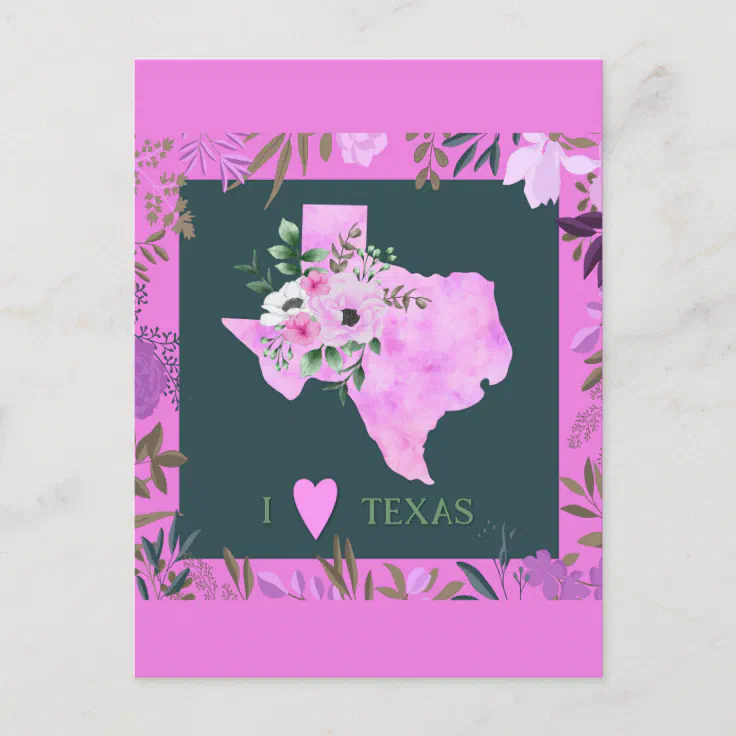 Purple Floral I Love Texas State Map Postcard | Zazzle