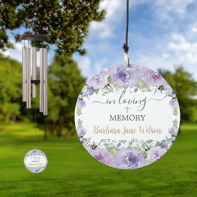 Purple Floral In Loving Memory Memorial Gold Cross Wind Chime | Zazzle