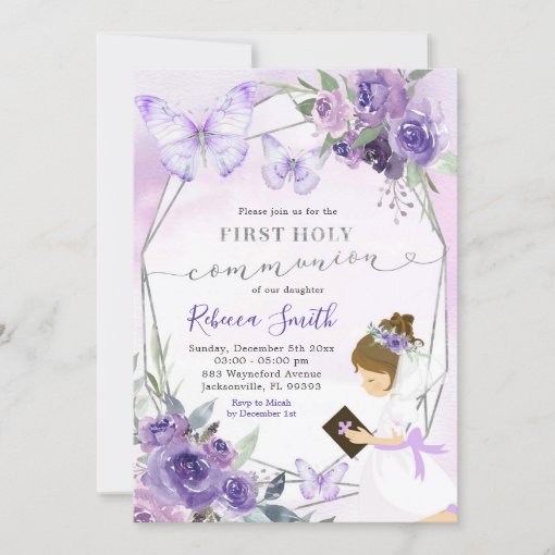 Purple Floral Kneeling Girl First Holy Communion Invitation | Zazzle