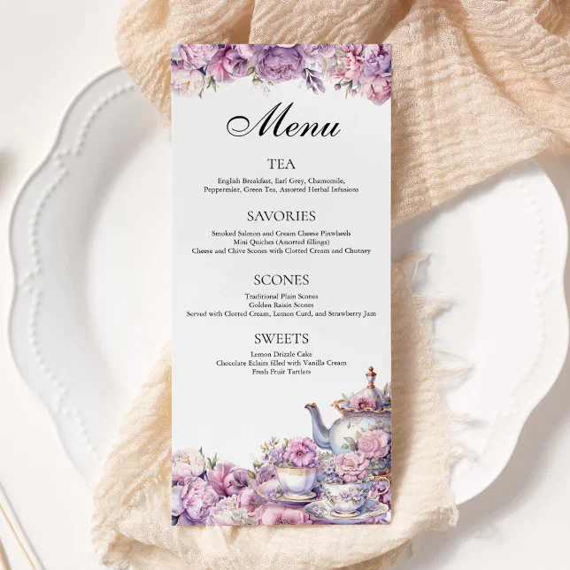 Purple Floral Lavender Afternoon Tea Party Menu | Zazzle