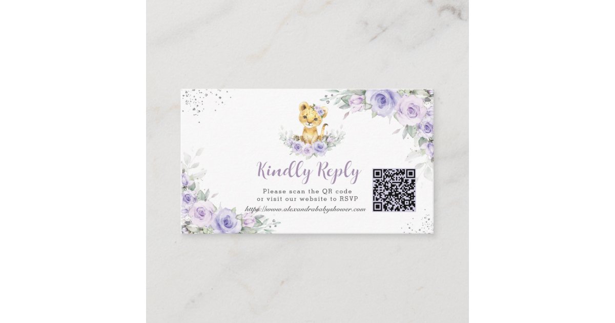 Purple Floral Lion Cub Baby Shower QR Code RSVP Enclosure Card | Zazzle