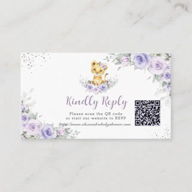 Purple Floral Lion Cub Baby Shower QR Code RSVP Enclosure Card | Zazzle