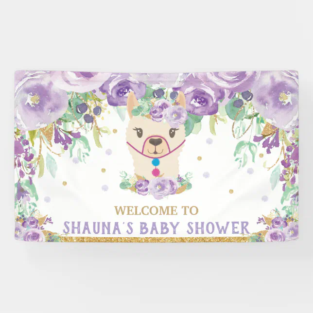 Purple Floral Llama Baby Shower Welcome Backdrop Banner | Zazzle