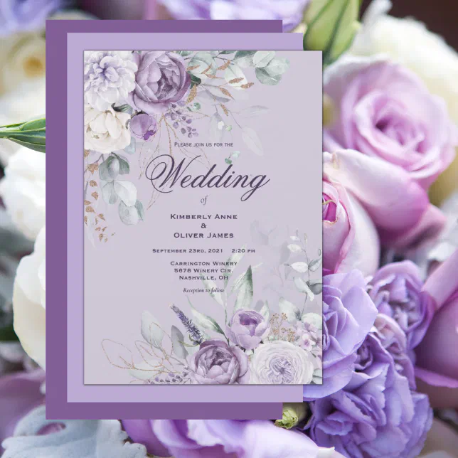 Purple Floral Modern Wedding Invitation | Zazzle