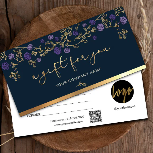 Purple Floral Navy And Gold Add Logo Gift Card | Zazzle
