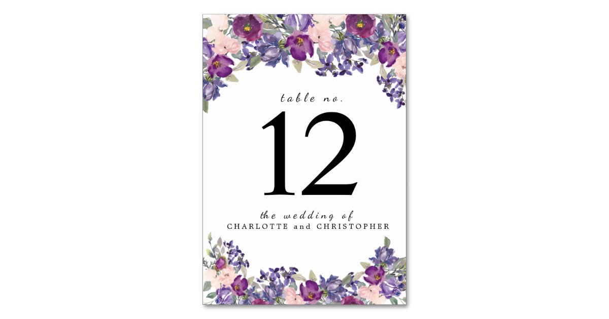 Purple Floral Personalized Table Number Card | Zazzle