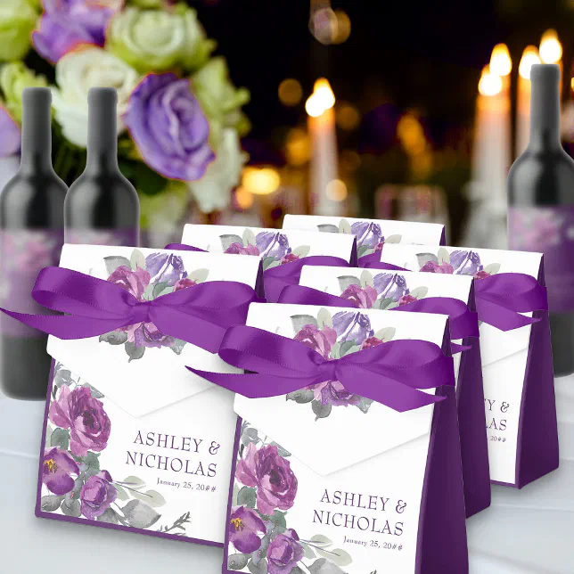 Purple Floral Personalized Wedding Favor Boxes | Zazzle