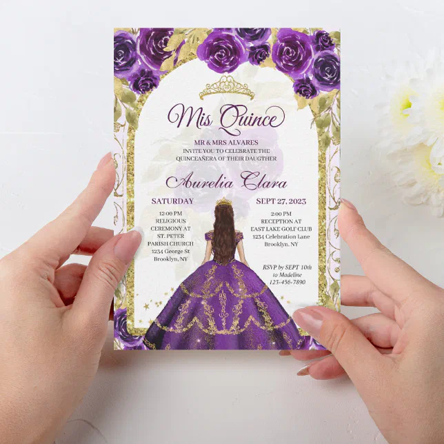 Purple Floral Princess Gold Arch Quinceanera Invitation | Zazzle