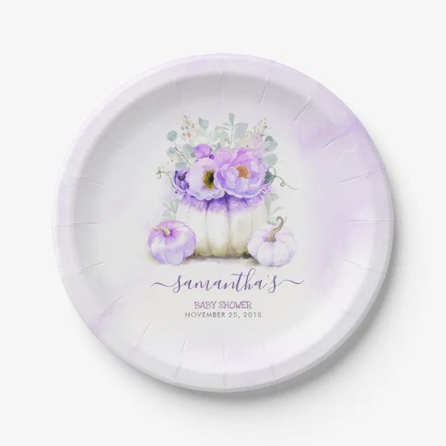 Purple Floral Pumpkin Fall Wedding Paper Plates | Zazzle
