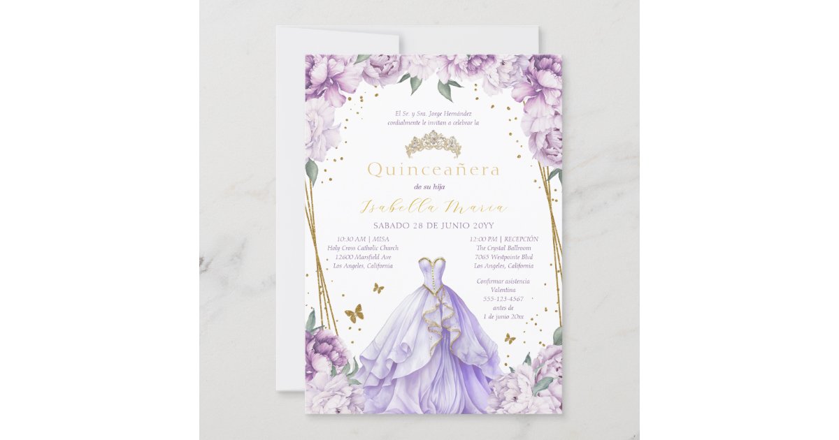 Purple Floral Quinceañera Invitation in Spanish | Zazzle