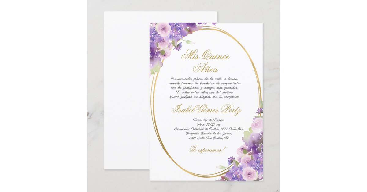 Purple floral Quinceanera invitation in Spanish | Zazzle