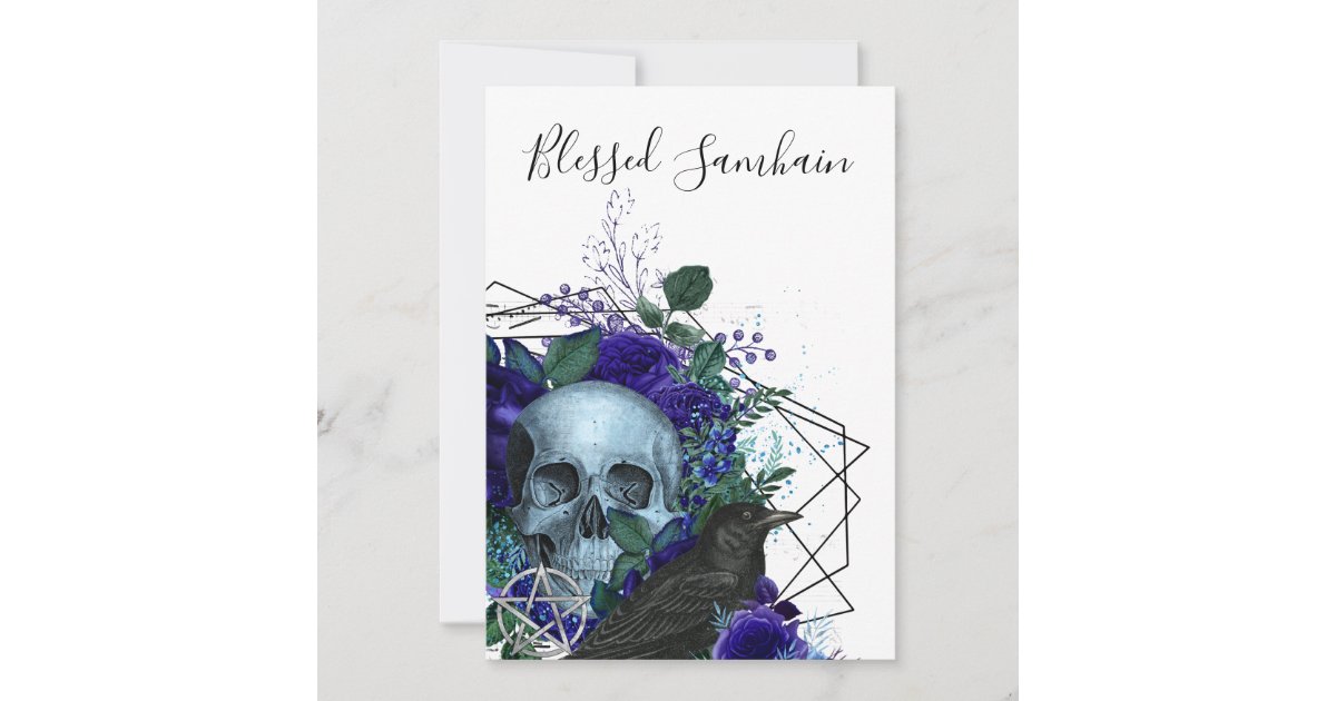Purple Floral Raven Blessed Samhain Pagan Greeting Card | Zazzle