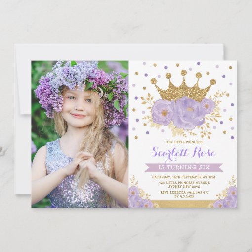 Purple Floral Royal Crown Princess Birthday Party Invitation | Zazzle