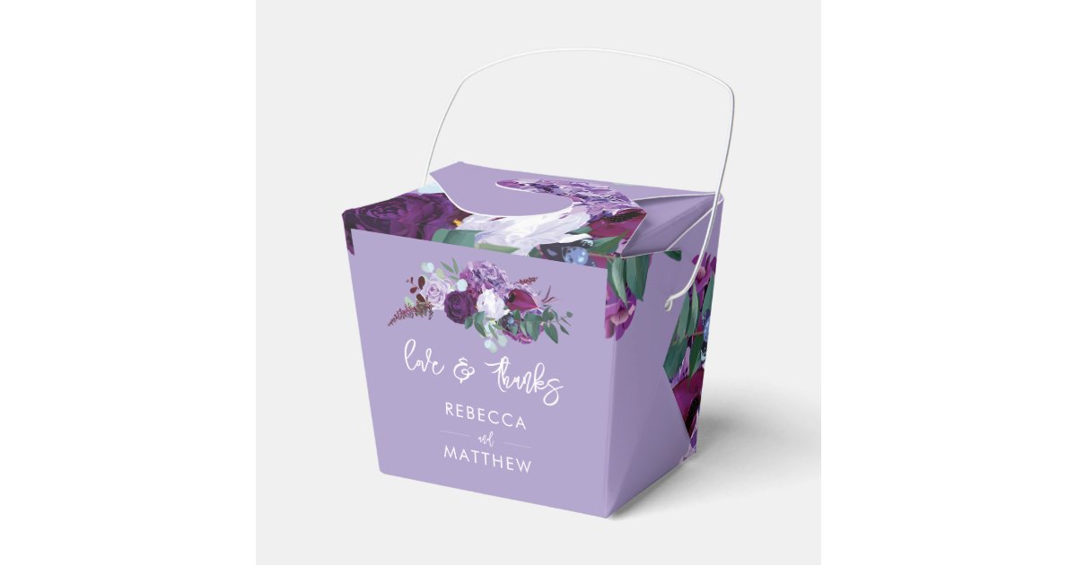 Purple Floral Script Thank You Wedding Party Favor Boxes | Zazzle
