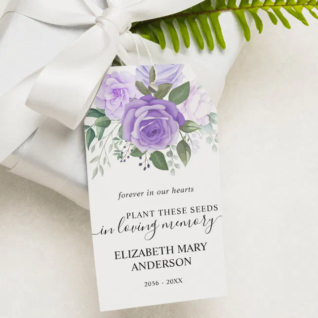 Purple Floral Seed Packet Memorial Funeral Gift Tags | Zazzle