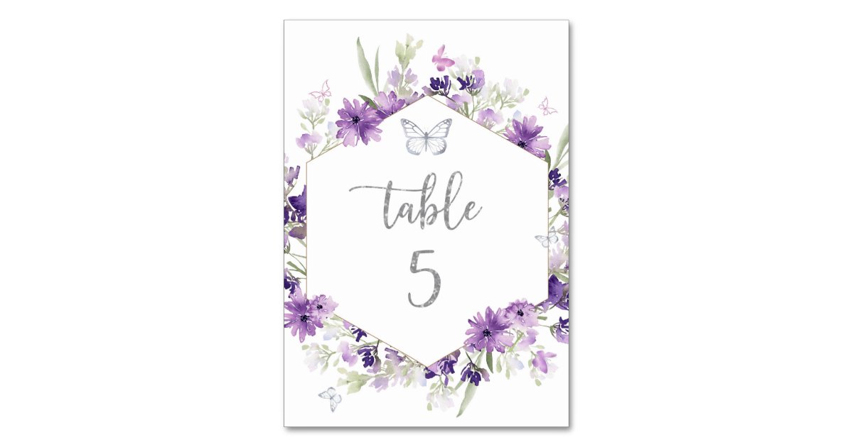 Purple floral silver butterfly table number | Zazzle