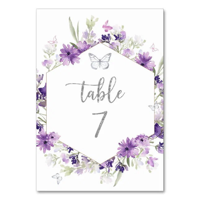 Purple floral silver butterfly table number | Zazzle