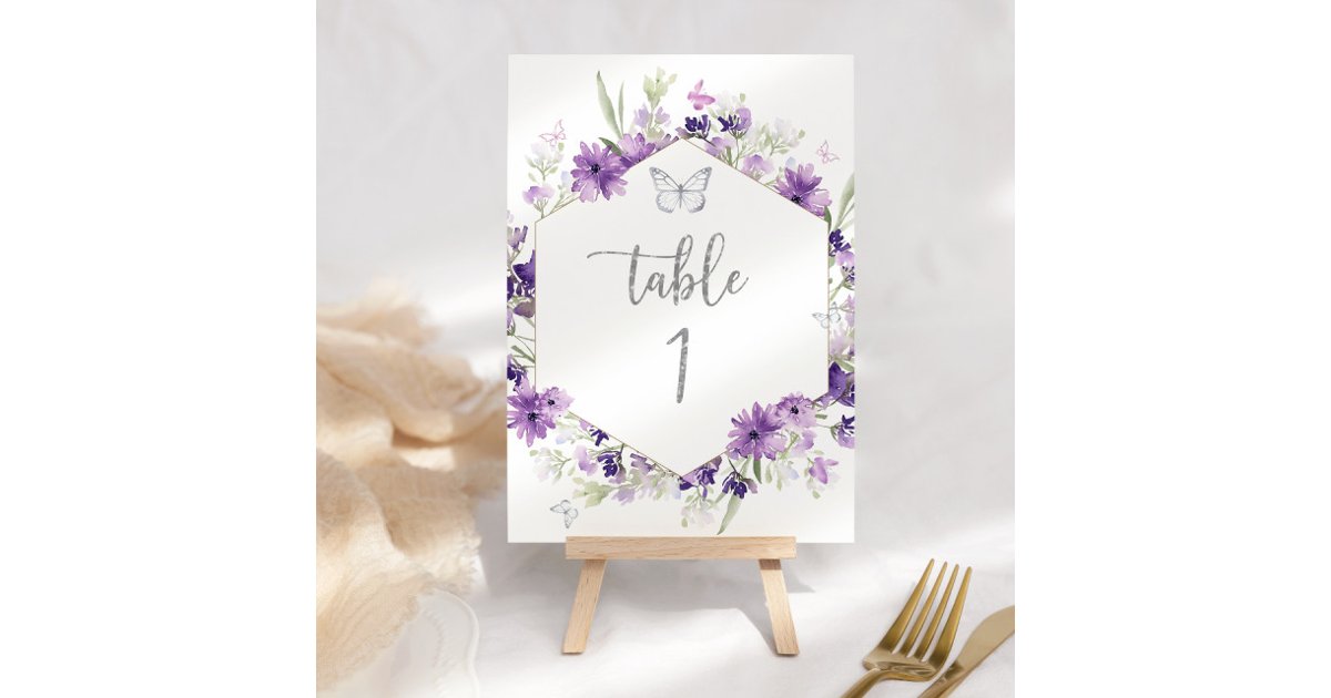 Purple floral silver butterfly table number | Zazzle