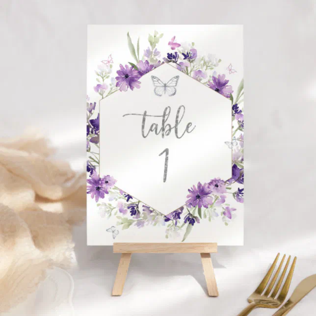 Purple floral silver butterfly table number | Zazzle