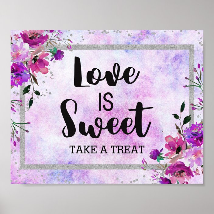 Purple Floral & Silver Confetti Love is Sweet Poster | Zazzle.com