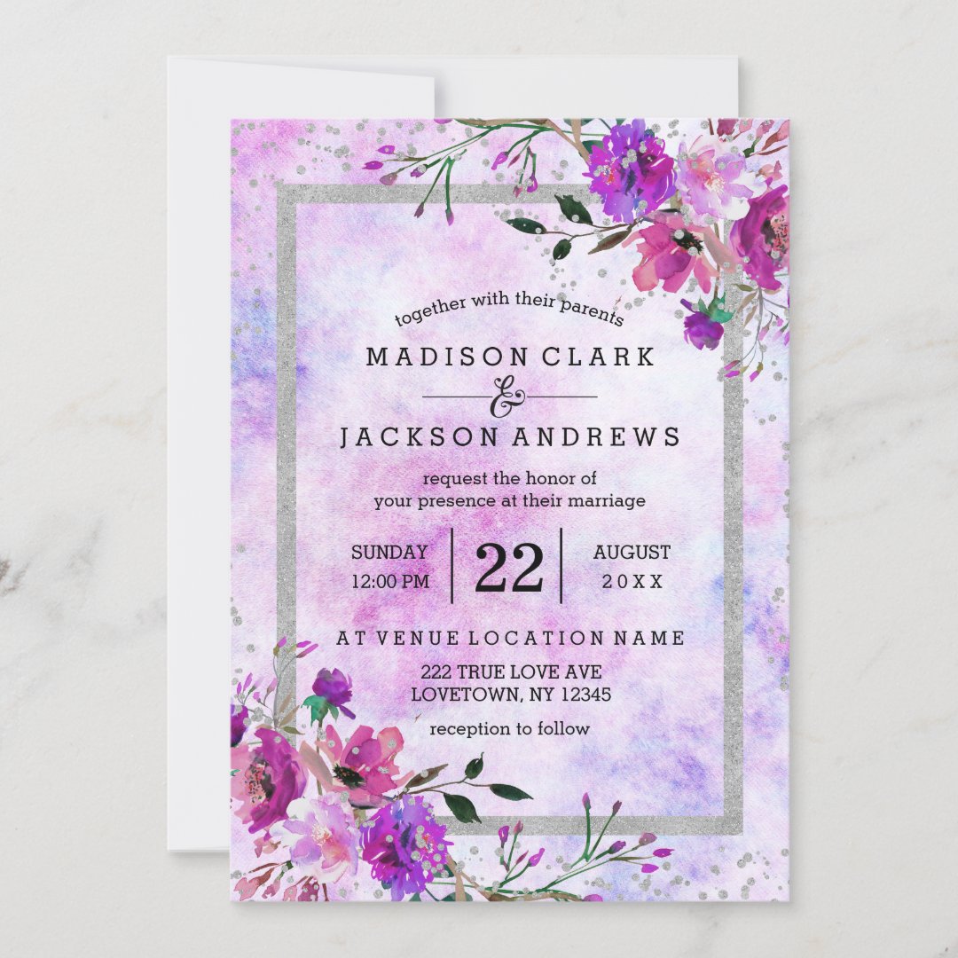 Purple Floral & Silver Frame Wedding Invitations | Zazzle