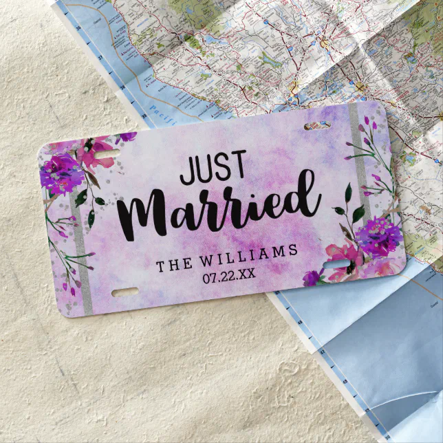 Purple Floral & Silver Frame Wedding Just Married License Plate | Zazzle