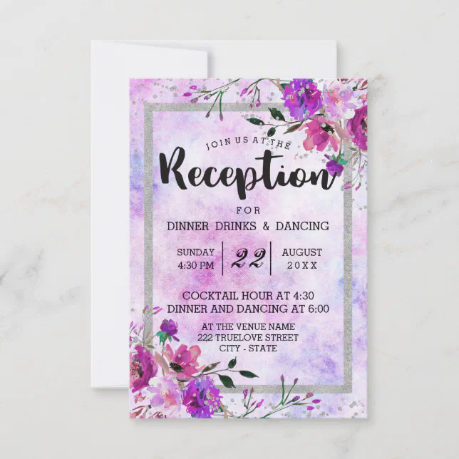 Purple Floral & Silver Frame Wedding Reception Invitation | Zazzle
