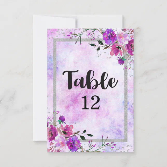 Purple Floral & Silver Frame Wedding Table Numbers | Zazzle